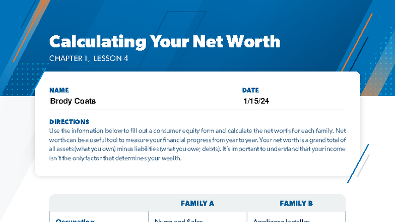 Calculating Net Worth: Chapter 1, Lesson 4 - Family Equity Analysis ...