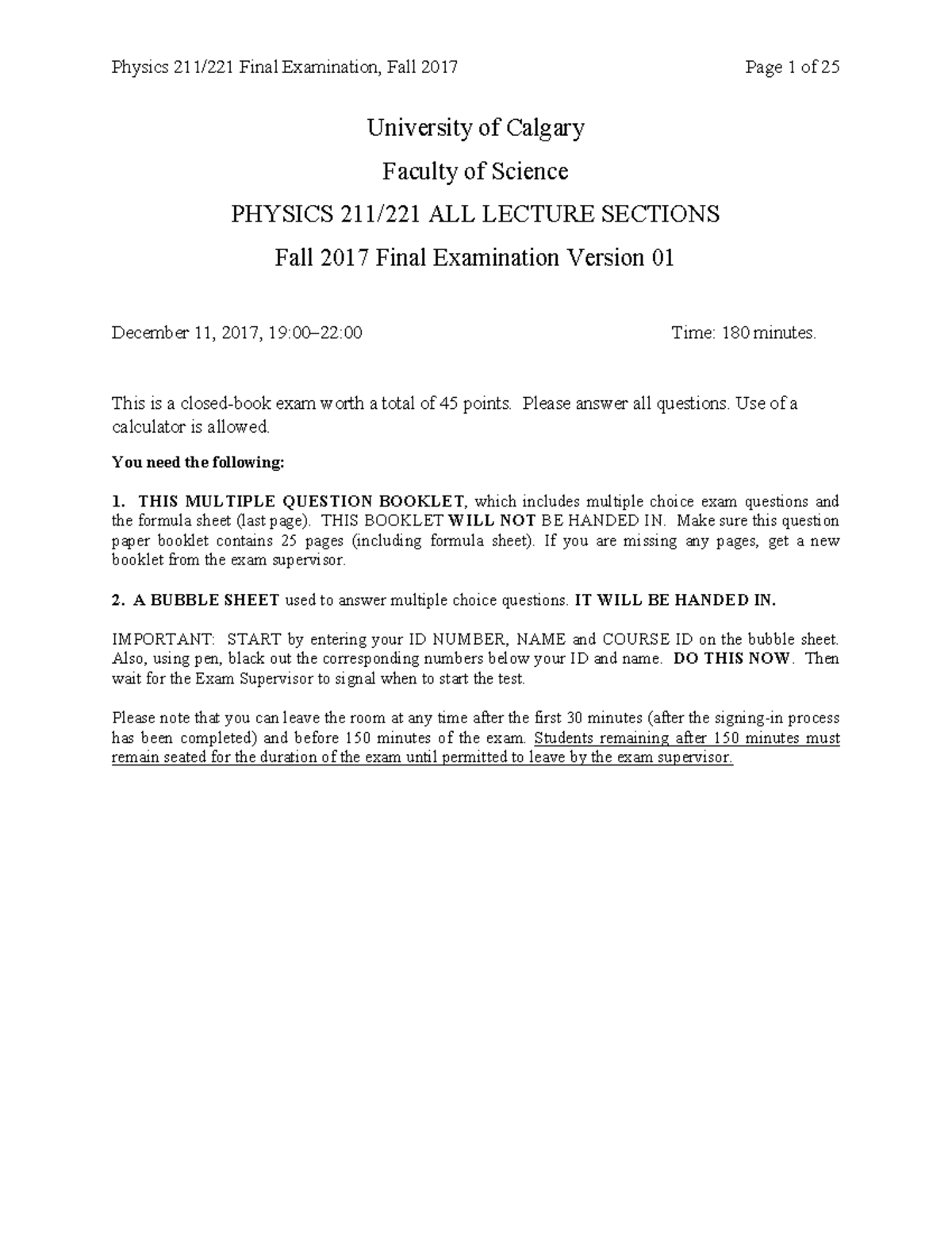 F2017 Final Exam PHYS 211 221: Complete Solutions and Answers - Studocu