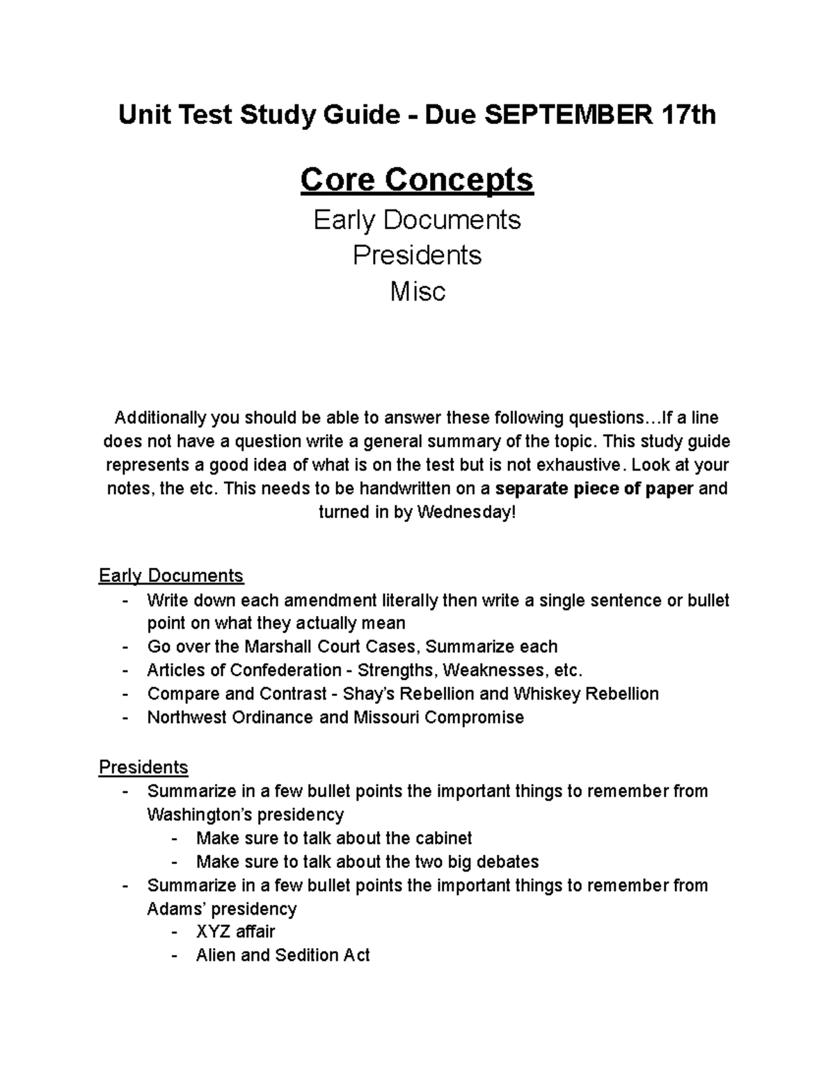 Unit Test II Study Guide: Core Concepts in Early U.S. History - Studocu