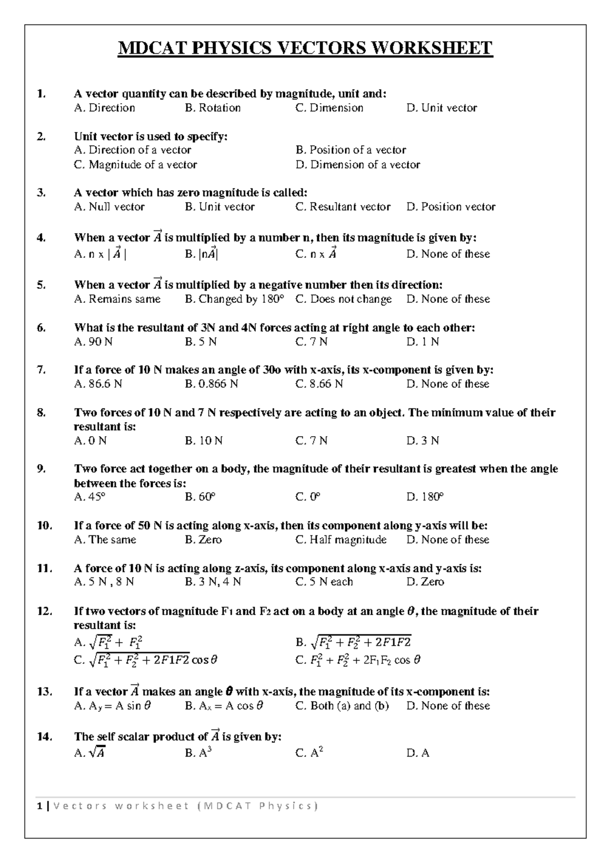 MDCAT Physics Vectors Worksheet: Comprehensive Practice Questions - Studocu