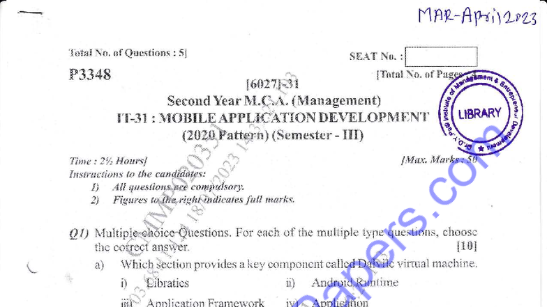 MCA Semester 3 Mobile Application Development Quiz Questions 2023 - Studocu