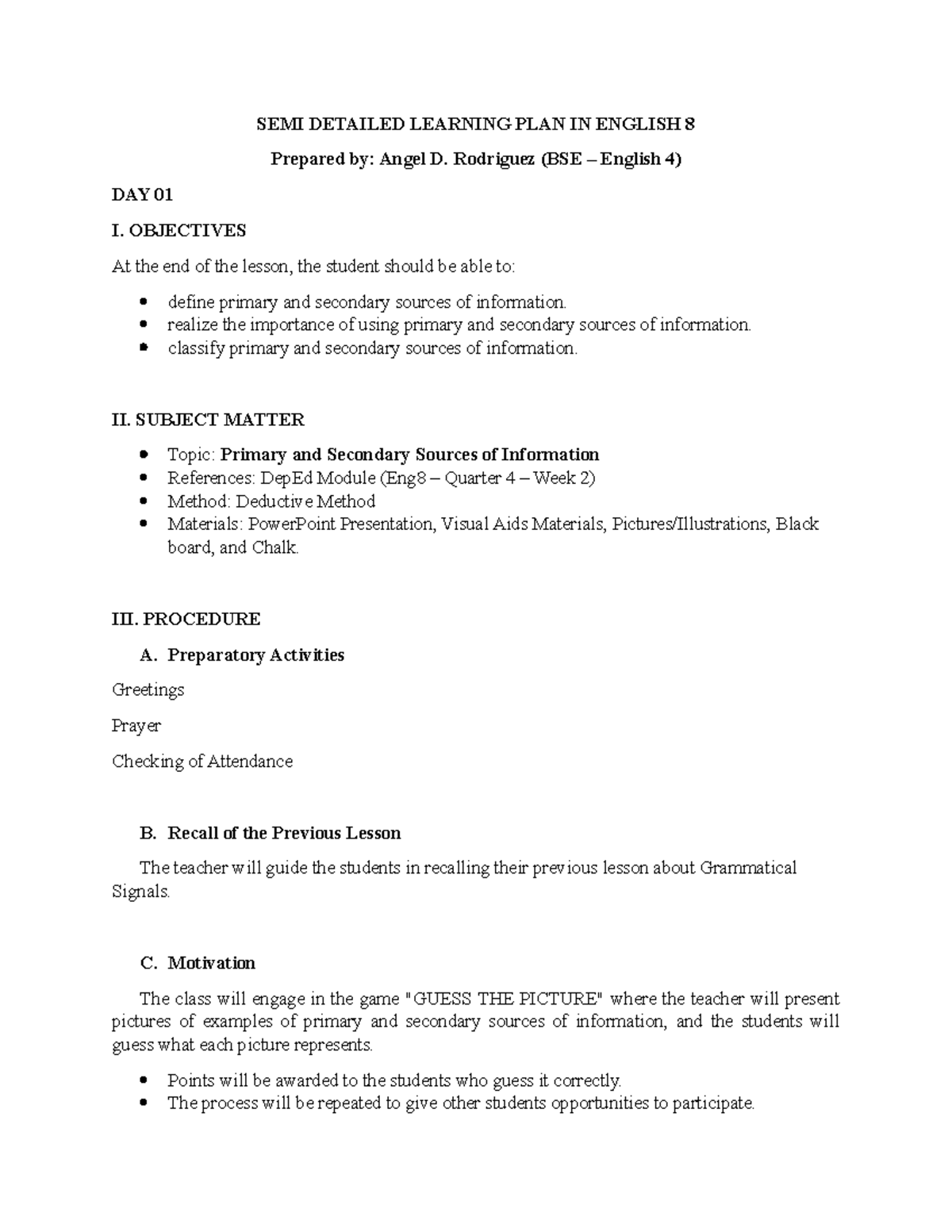 Grade 8 Lesson Plan: Primary & Secondary Sources (DAY 01) - Studocu