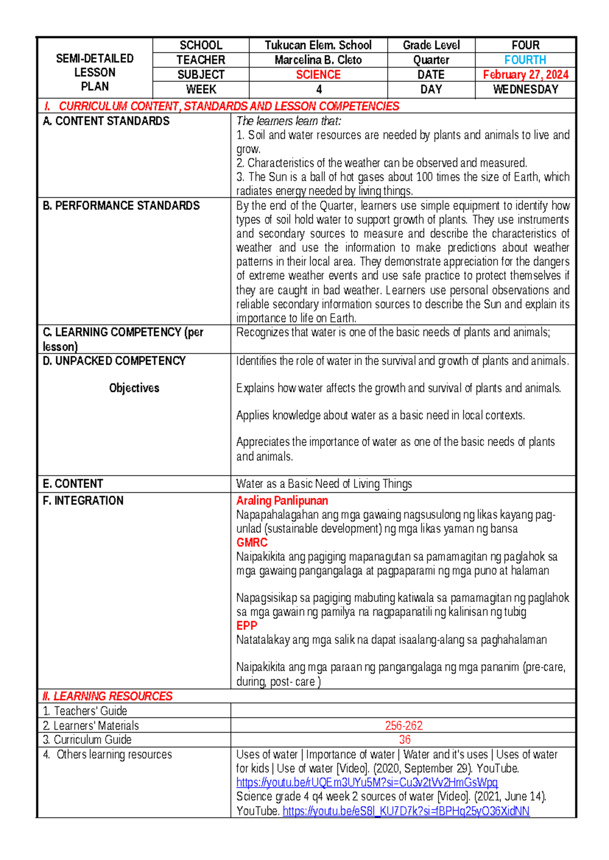 Lesson Plan: Science 4 - Importance of Water for Plants & Animals (Q4 ...