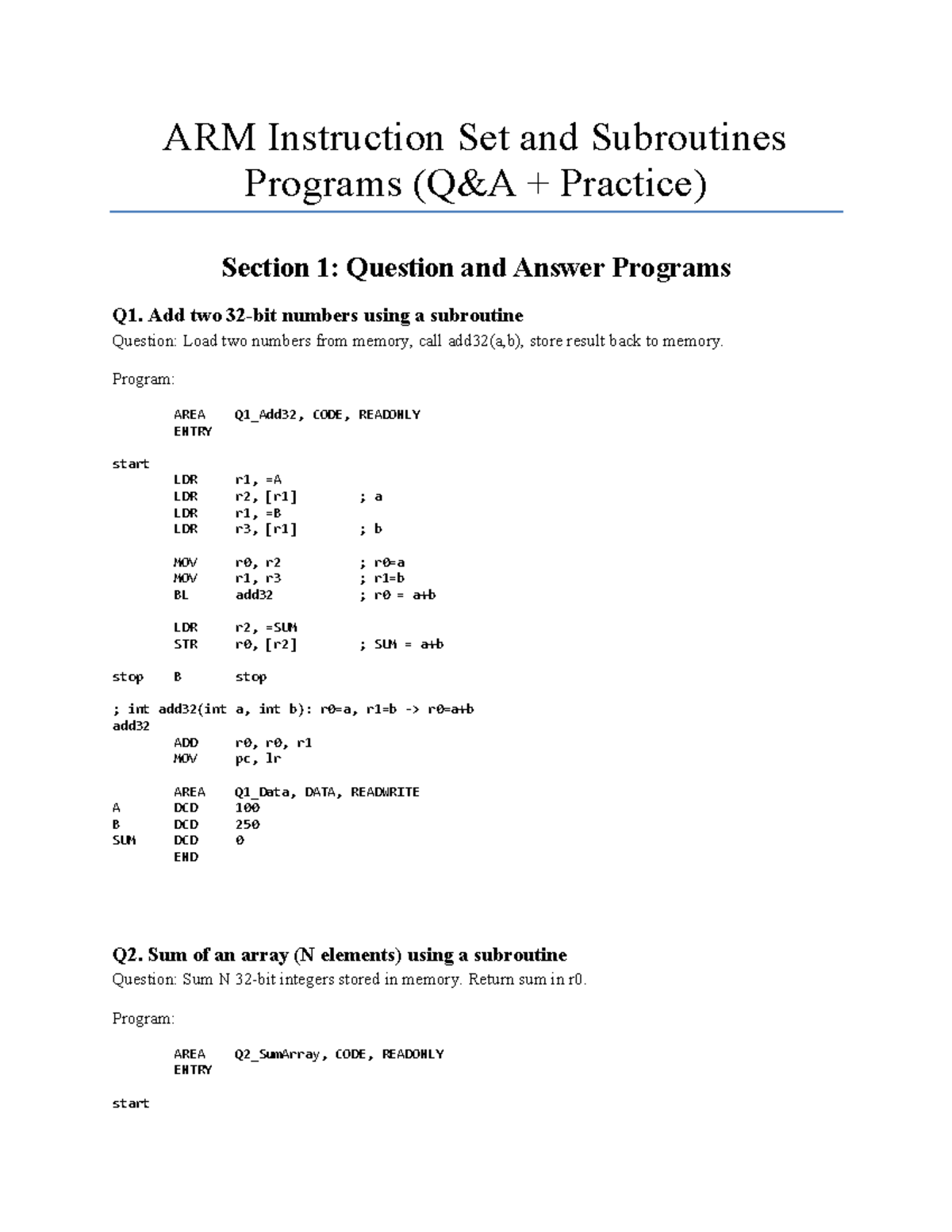 ARM Instruction Set & Subroutines Practice Programs - Studocu