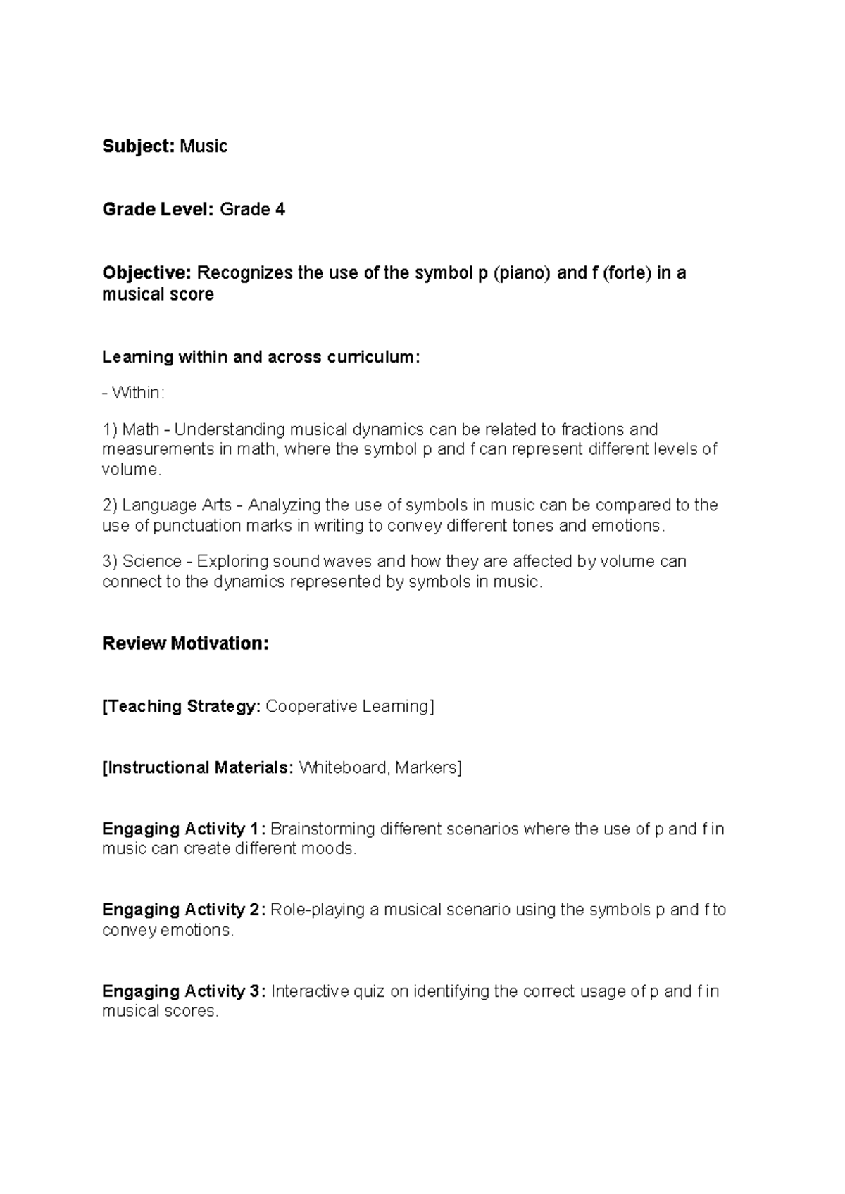 Grade 4 Music Lesson Plan on Dynamics: p (Piano) & f (Forte) - Studocu