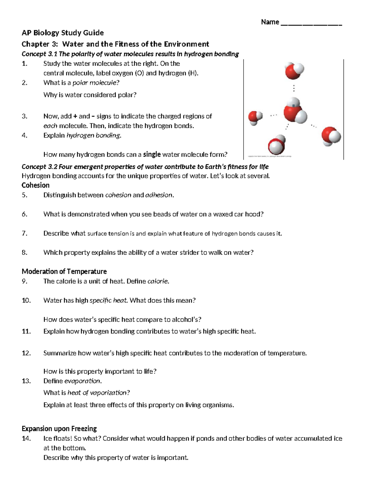 9th Grade AP Biology Study Guide Chapter 3 Water - Name ...
