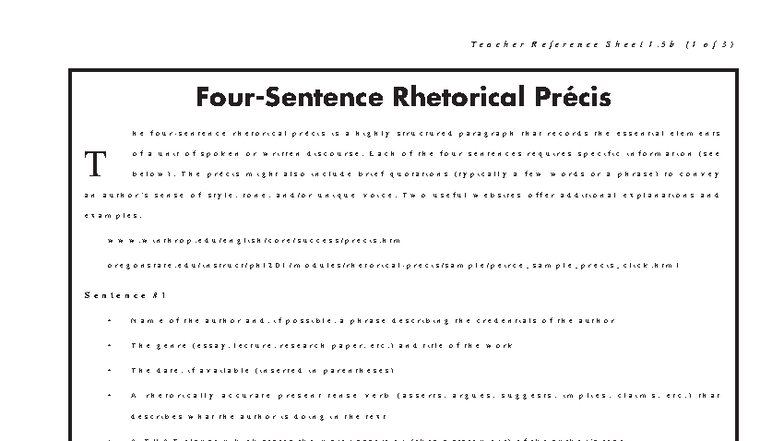 Precis - reading - 1: Writing to Learn 47 Four-Sentence Rhetorical ...