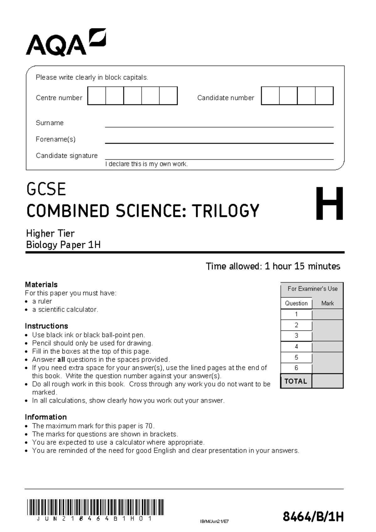 GCSE EDEXCEL BIOLOGY 2023 PAPER 1 MS - Summer 2023 Pearson Edexcel GCSE ...