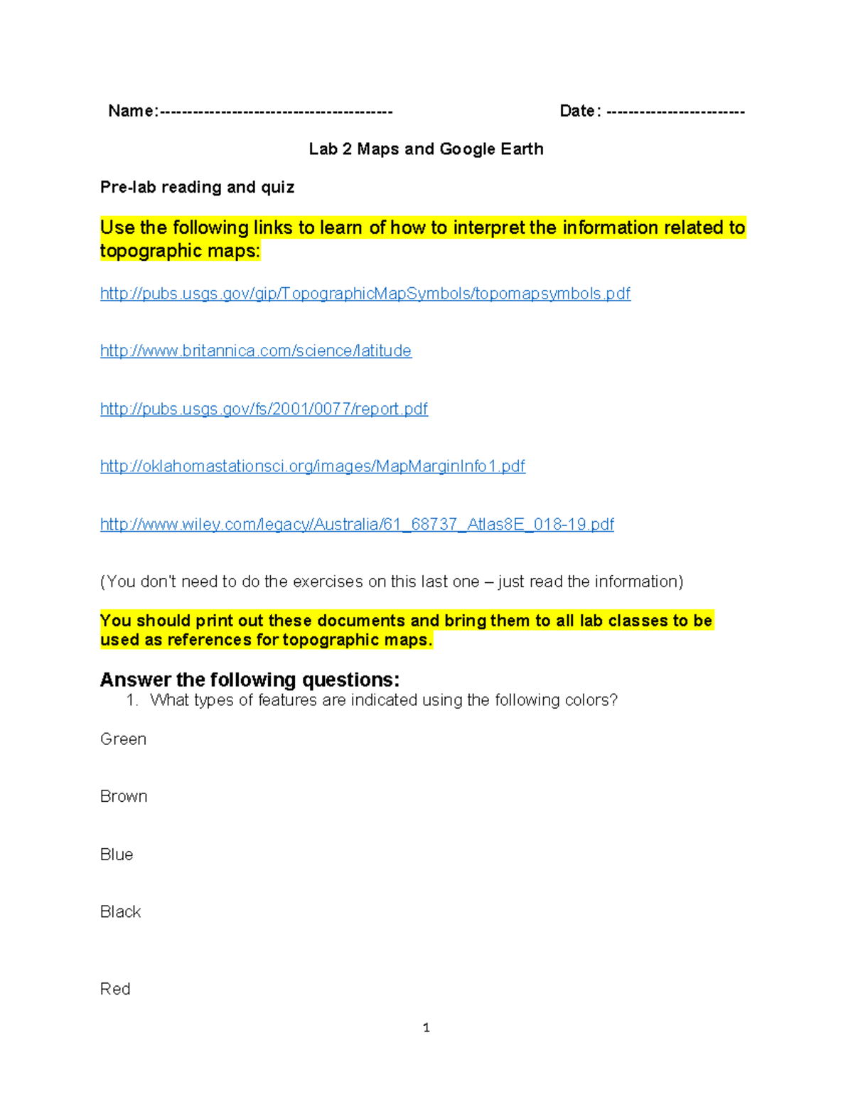 Pre-Lab 2: Understanding Topographic Maps & Google Earth Quiz - Studocu