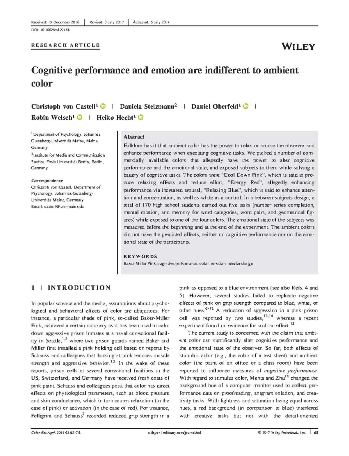 Cognitive Performance & Emotion: Indifference to Ambient Color (CR&A ...