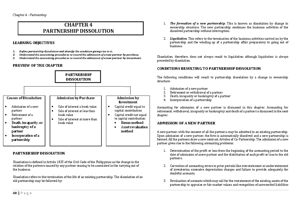 BFA-2 Partnership Chapter 4: Admission, Dissolution, and Accounting Procedures - Studocu