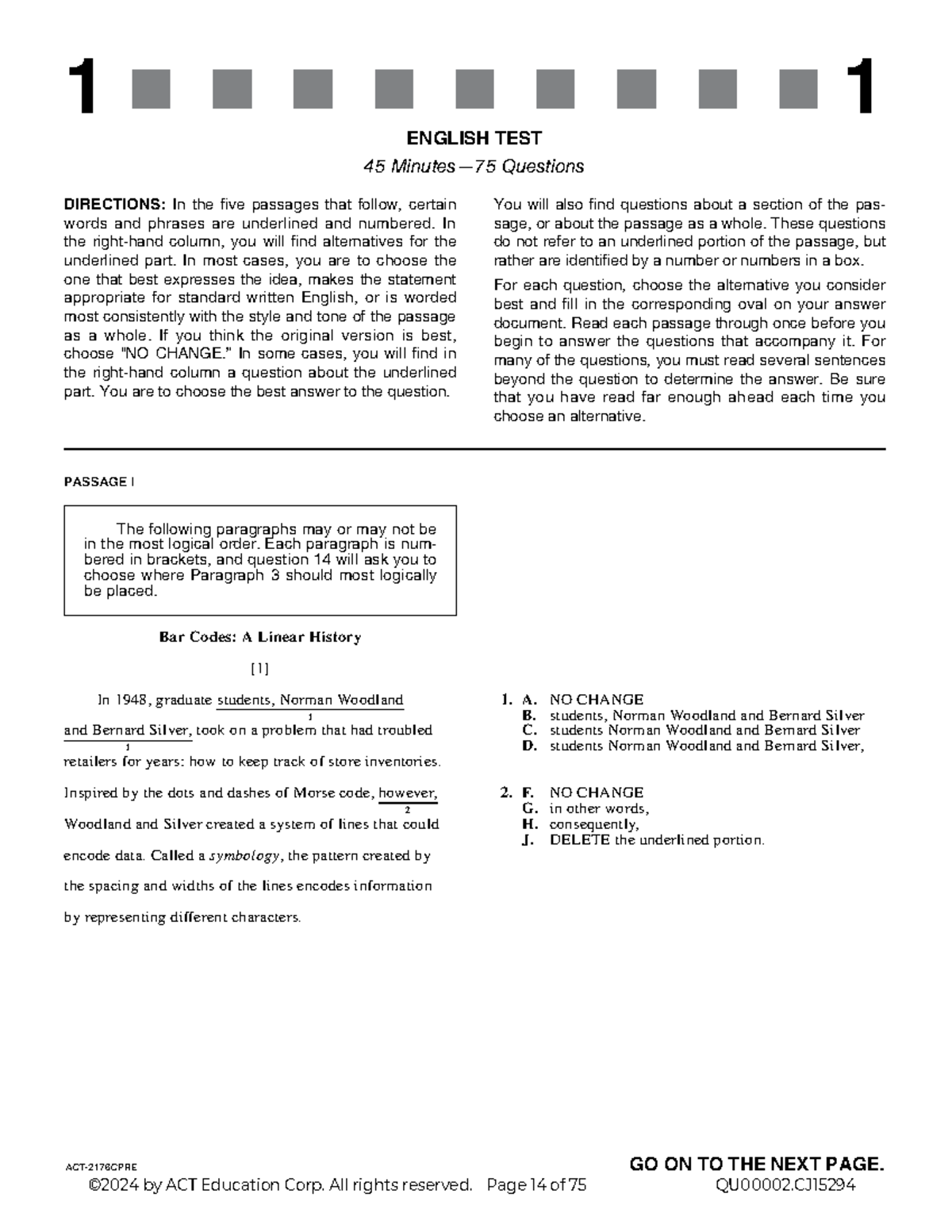 1 1 ACT ENGLISH TEST Practice Questions with 45 Items - Studocu
