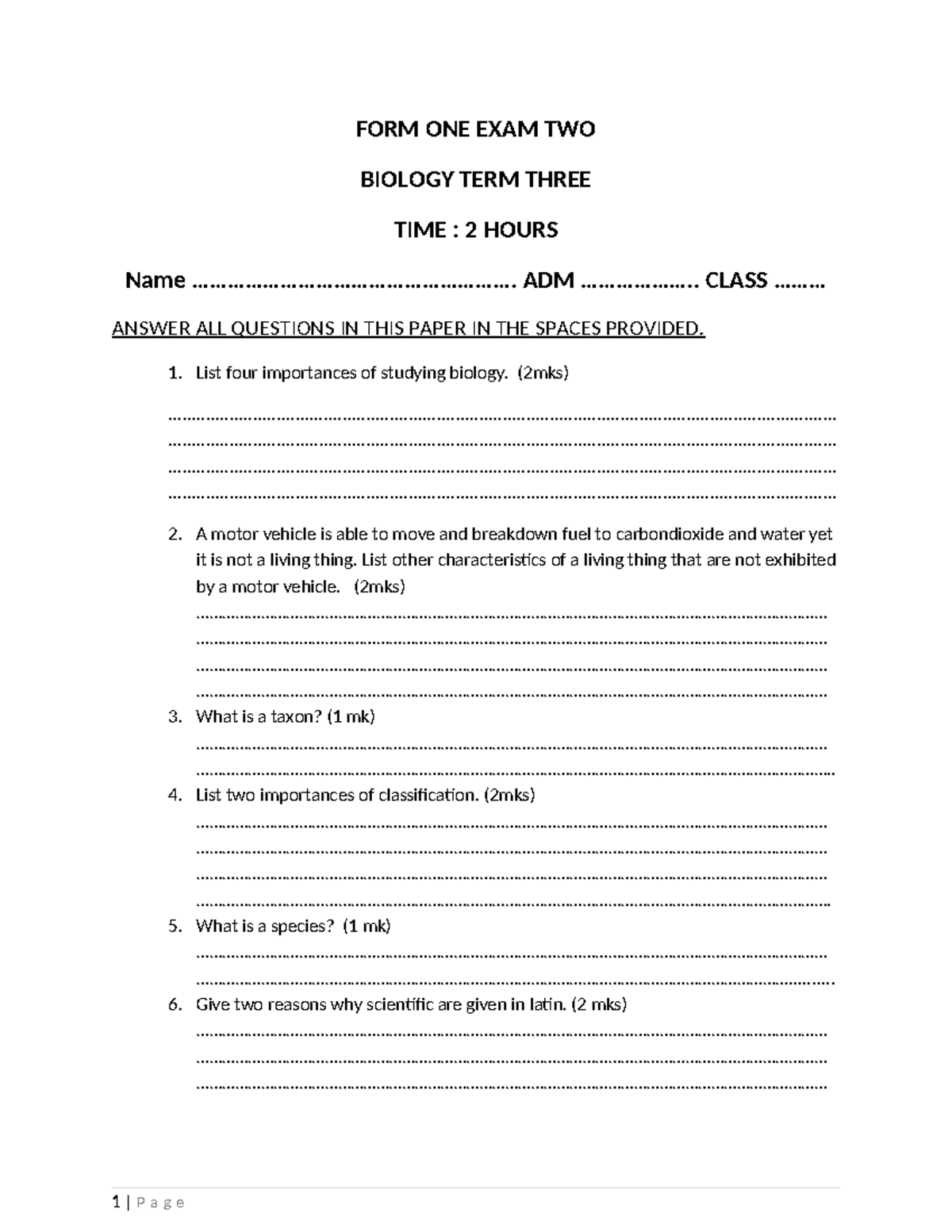 BIO FORM 1 EXAM -1 TERM 3 - Simplified class notes - FORM ONE EXAM TWO ...