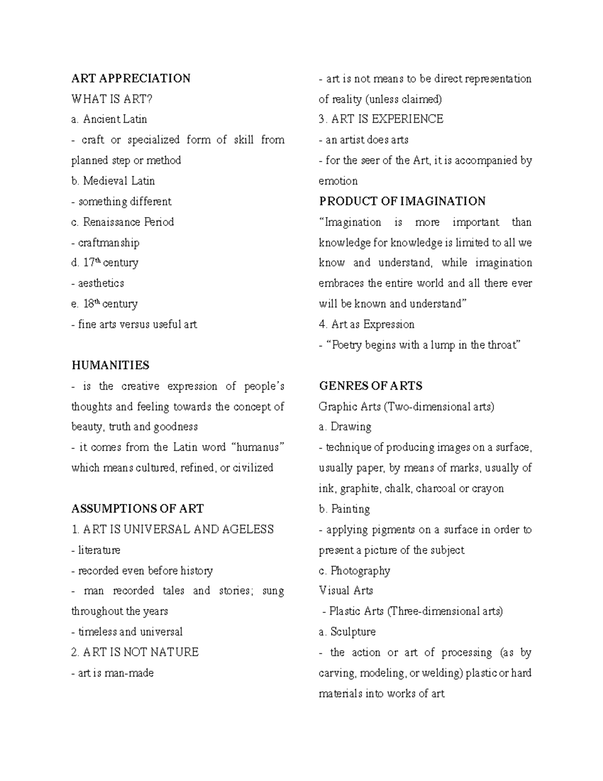 ART Appreciation 1ST QUIZ Study Guide and Key Concepts - Studocu