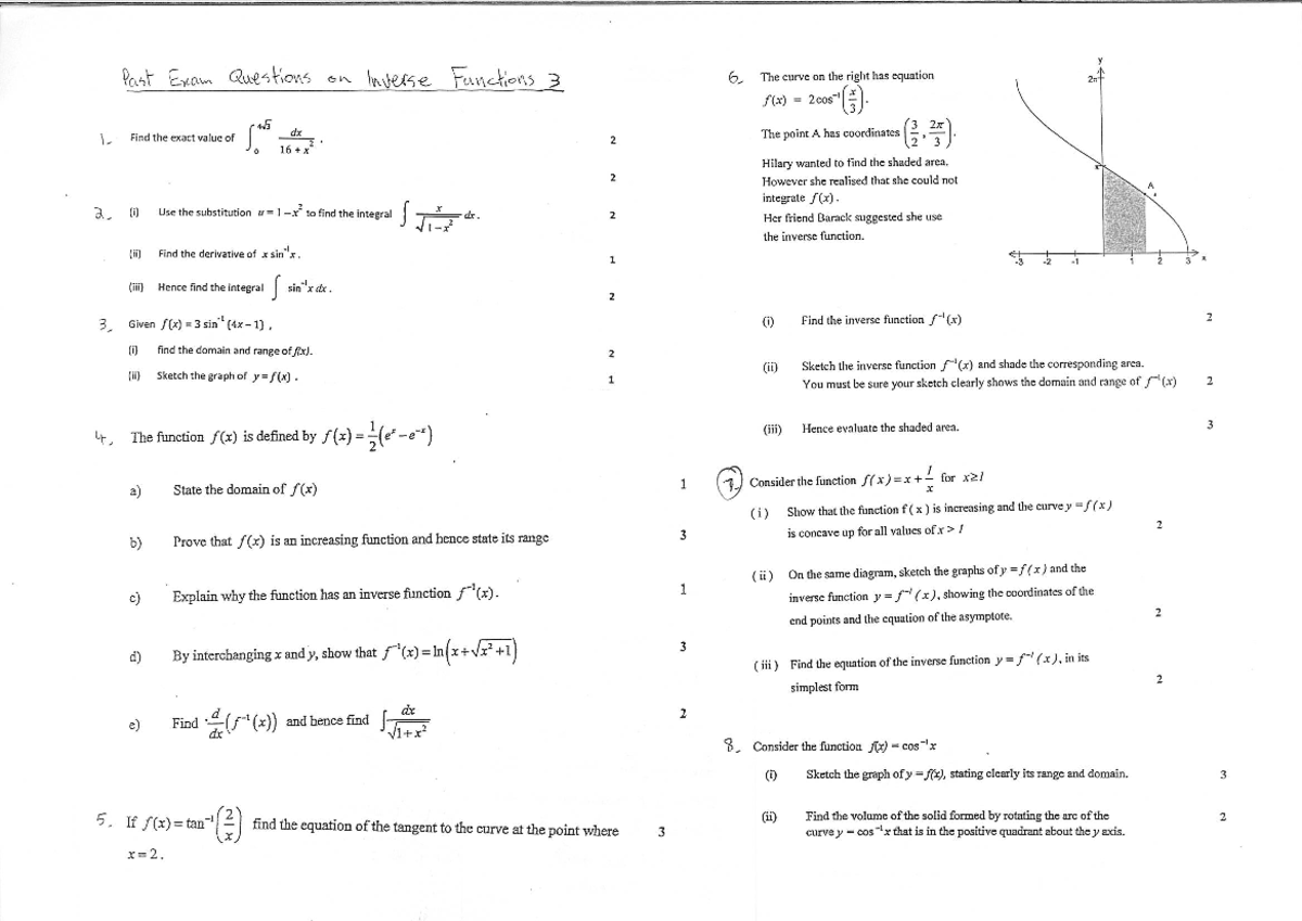 Past Exam Questions on Inverse Functions 3di - Find the exact value of ...