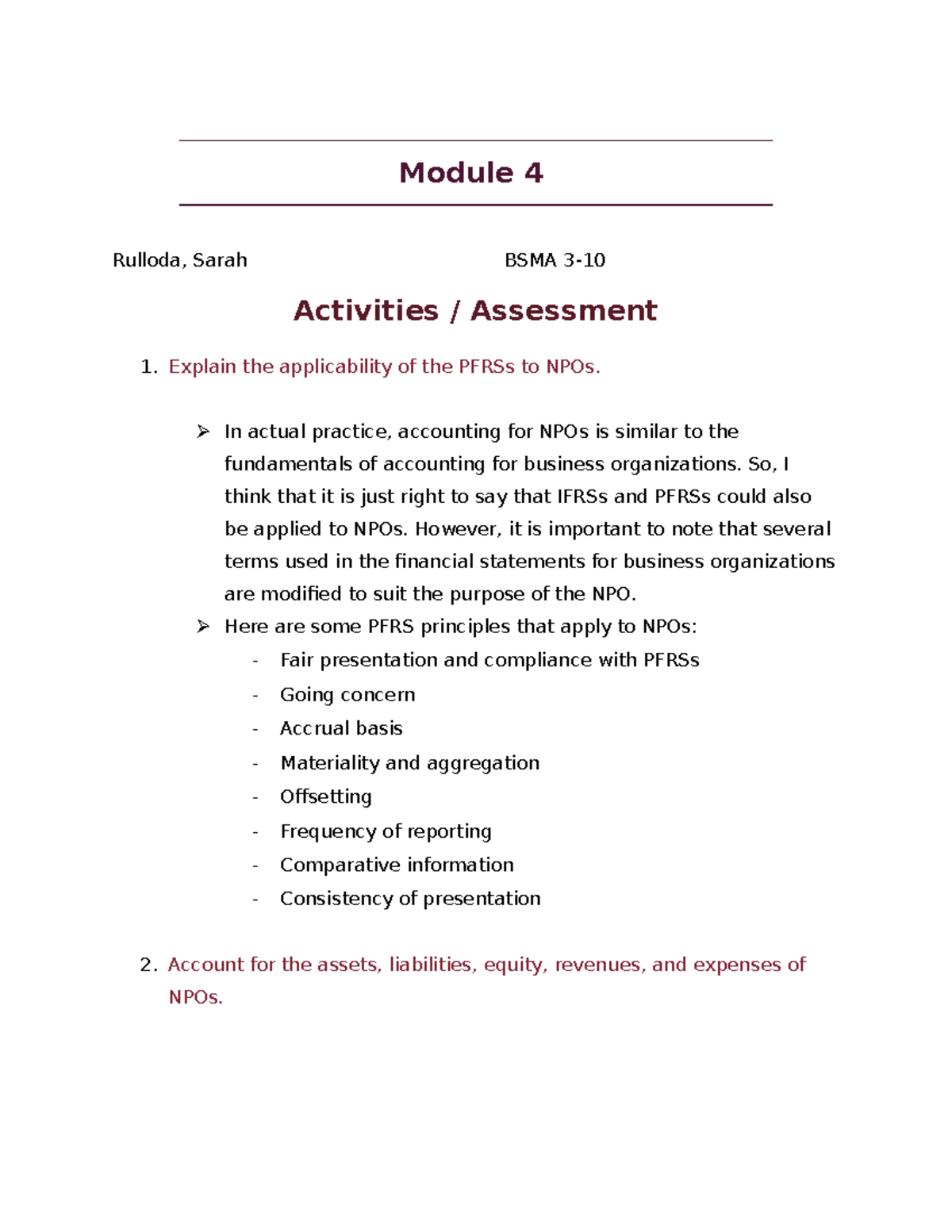 BSMA 3- Module 4 NPO Accounting Activities and Assessments - Studocu