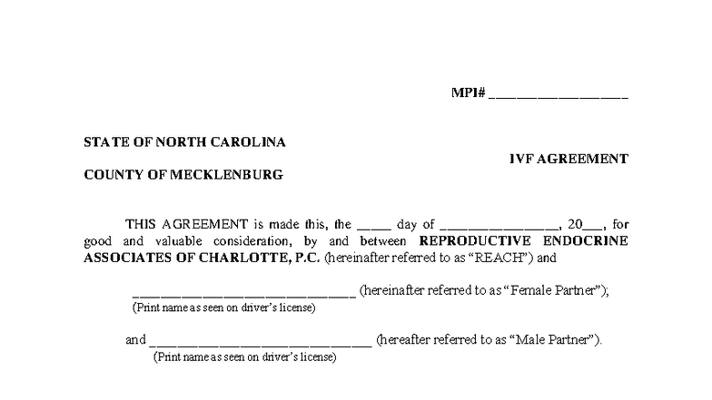 NC IVF Agreement - Reproductive Endocrine Associates (Form 1) - Studocu