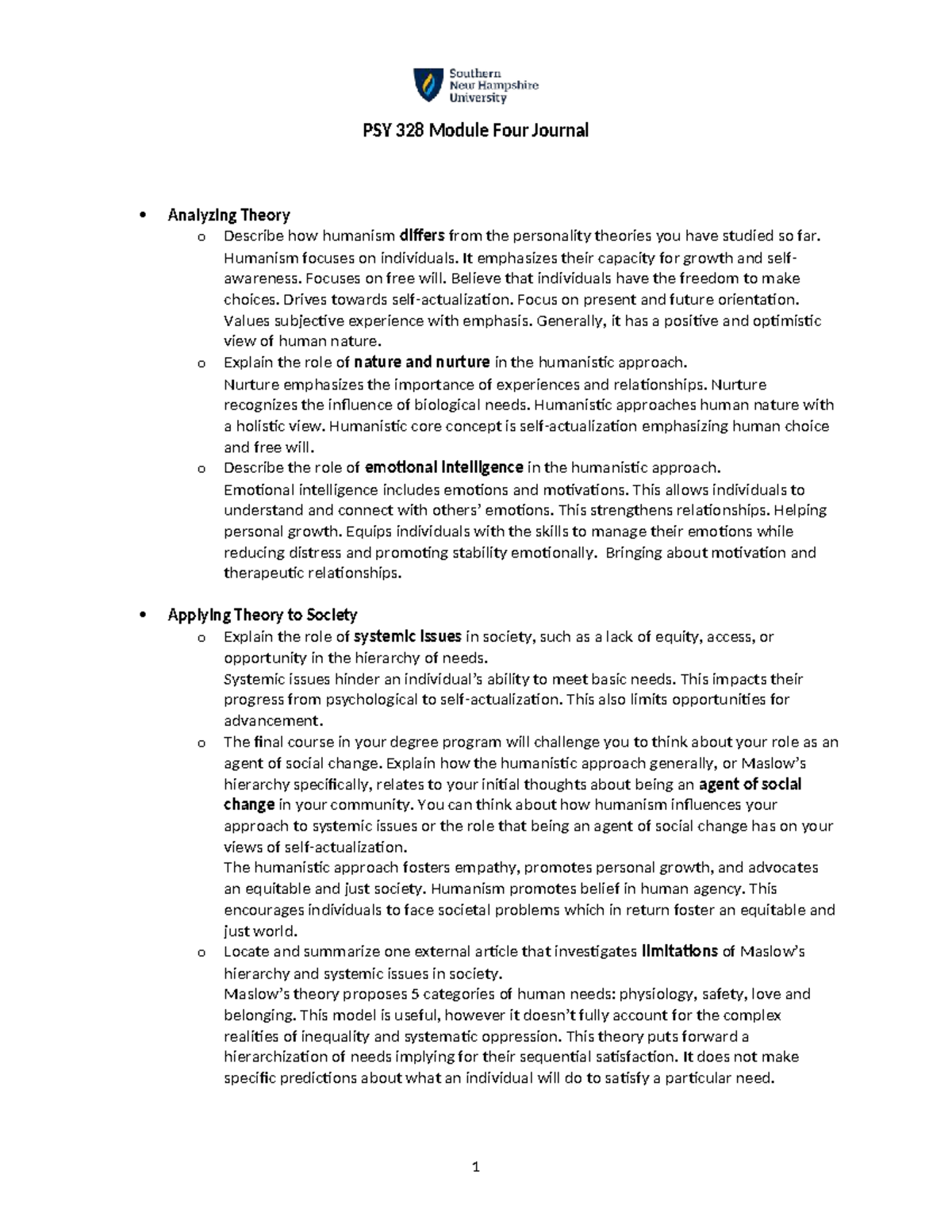 PSY 328 Module Four Journal: Analyzing Humanism and Its Impact - Studocu