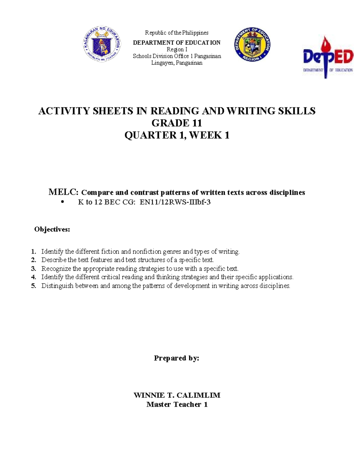 RW - Grade 11 Reading & Writing Skills Activity Sheet - Studocu