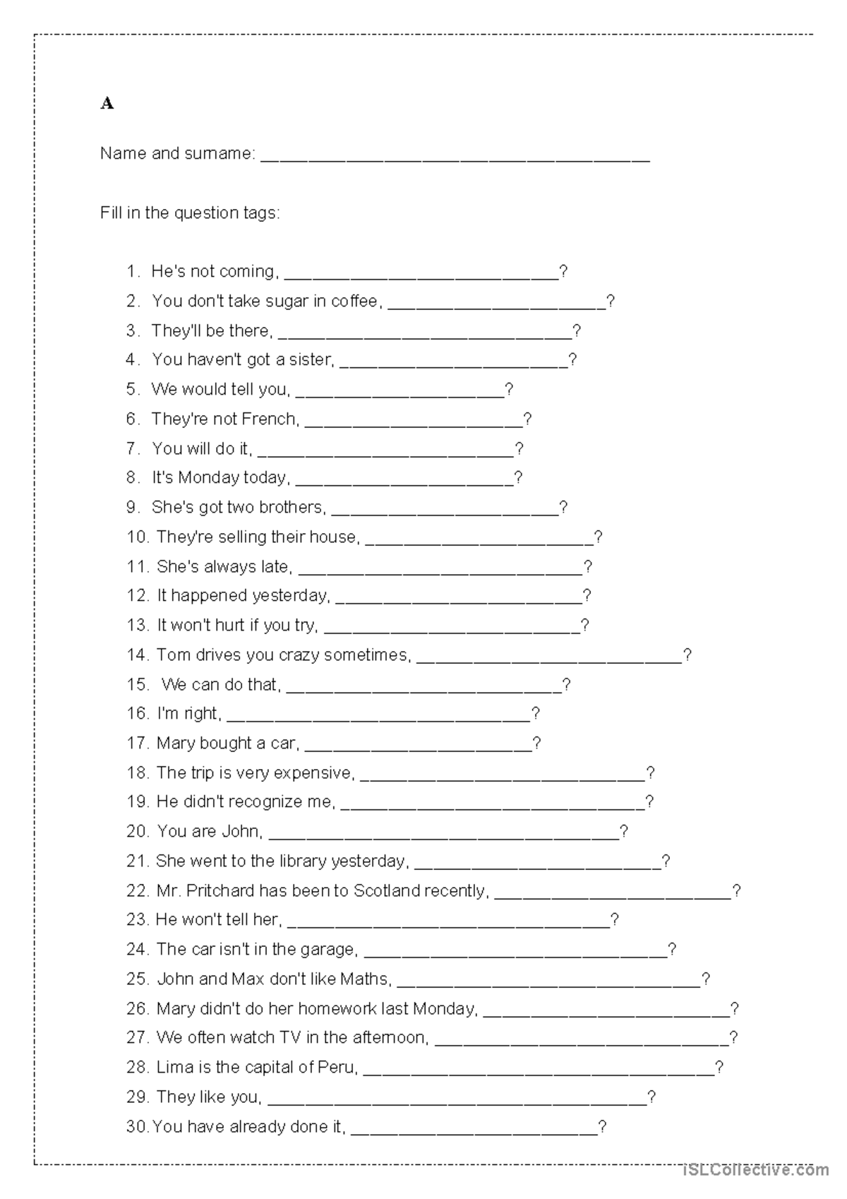 Question Tags Practice: Fill in the Blanks Exercise - Studocu