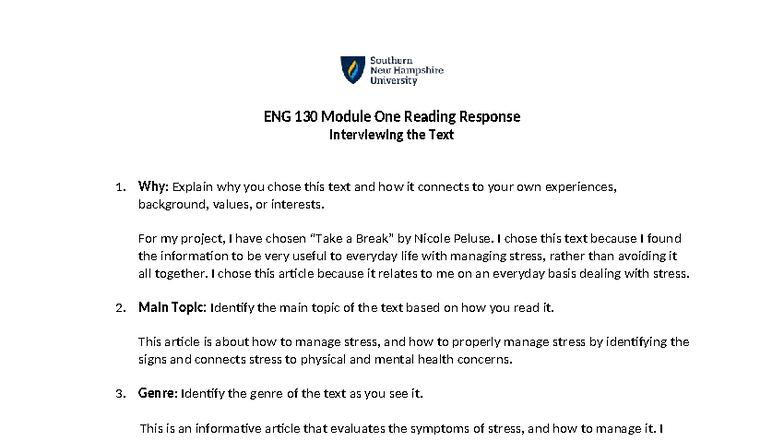 ENG 130 Module 1 Reading Response: Managing Stress Insights - Studocu