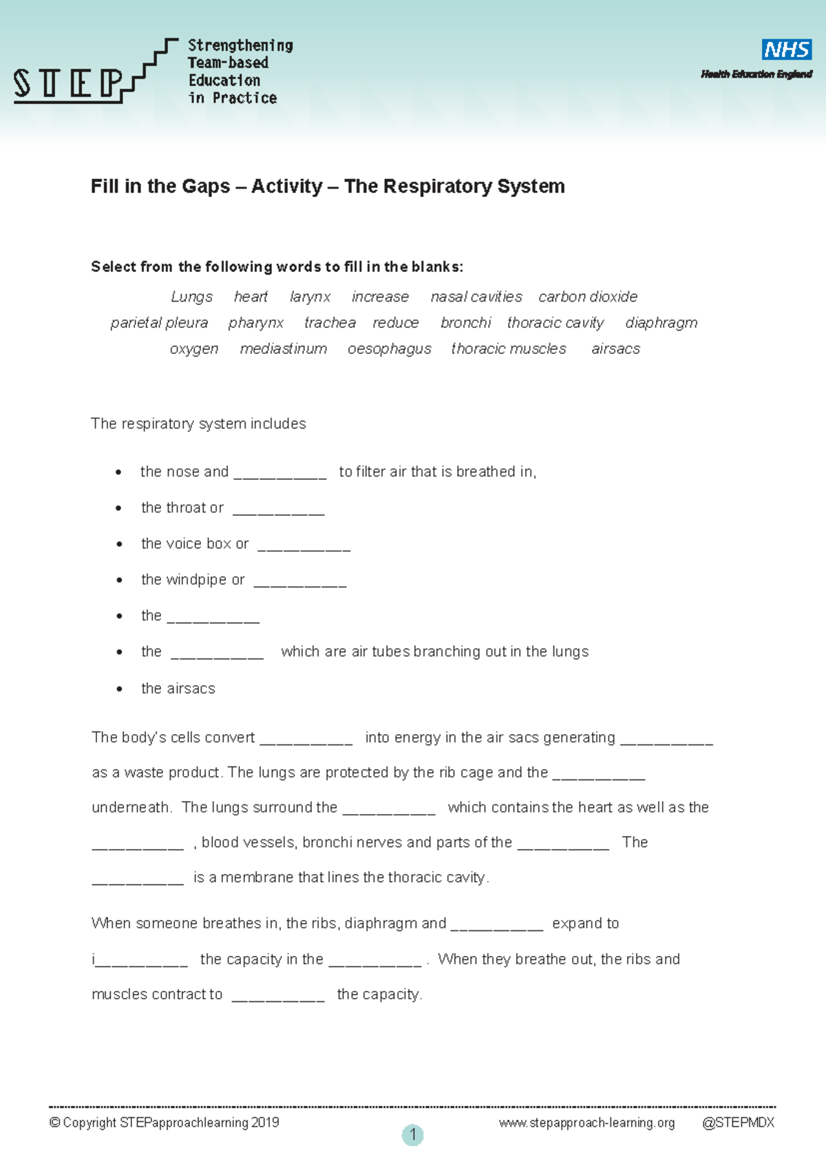 Respiratory System Fill-in-the-Blanks Activity (Final) - Studocu