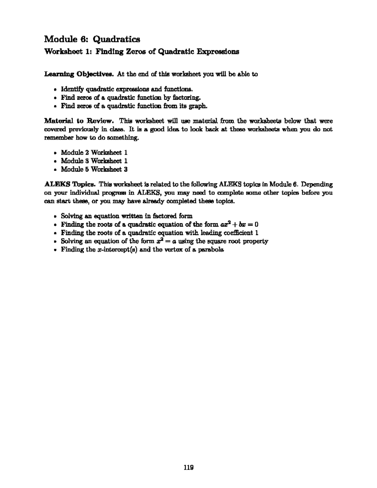 Math1005 Module 6: Quadratics Worksheet 1 - Finding Zeros of Quadratic ...