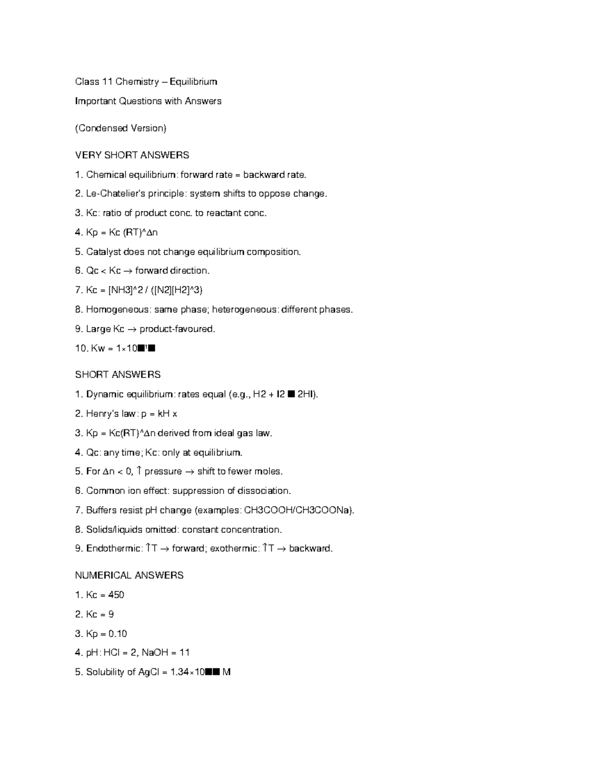 Class 11 Chemistry: Equilibrium Important Questions & Answers - Studocu