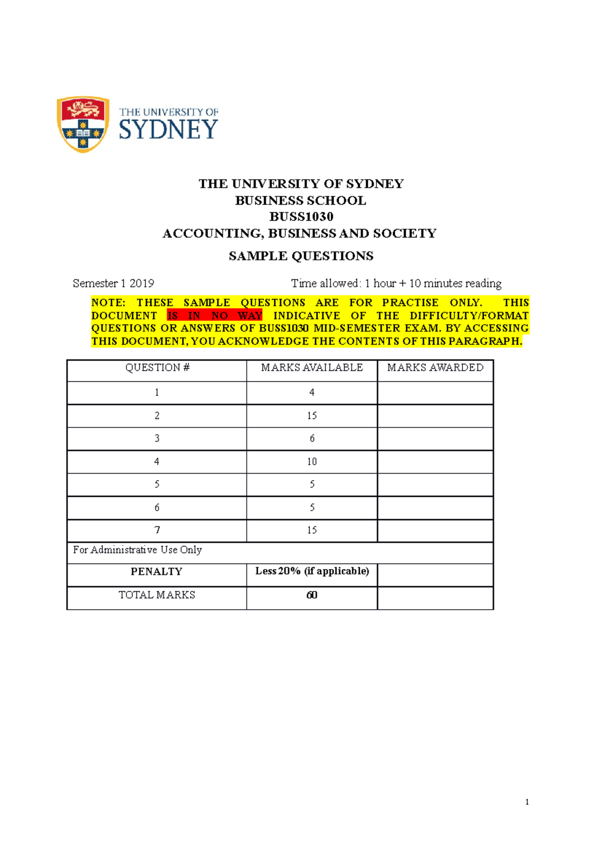 BUSS1030 Sample Questions with Answers-1 - THE UNIVERSITY OF SYDNEY ...