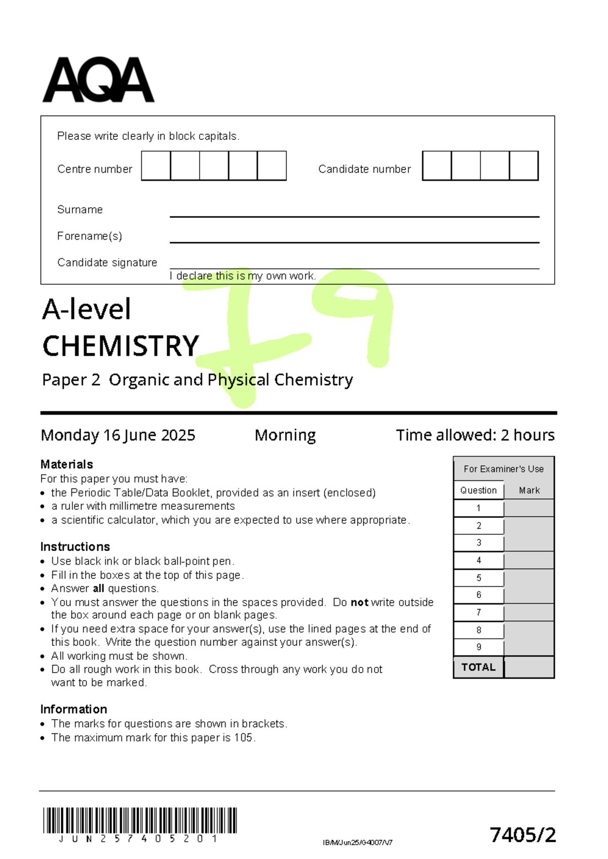 7405 2 QP Chemistry A: Organic & Physical Chemistry Exam 16 Jun 2025 ...