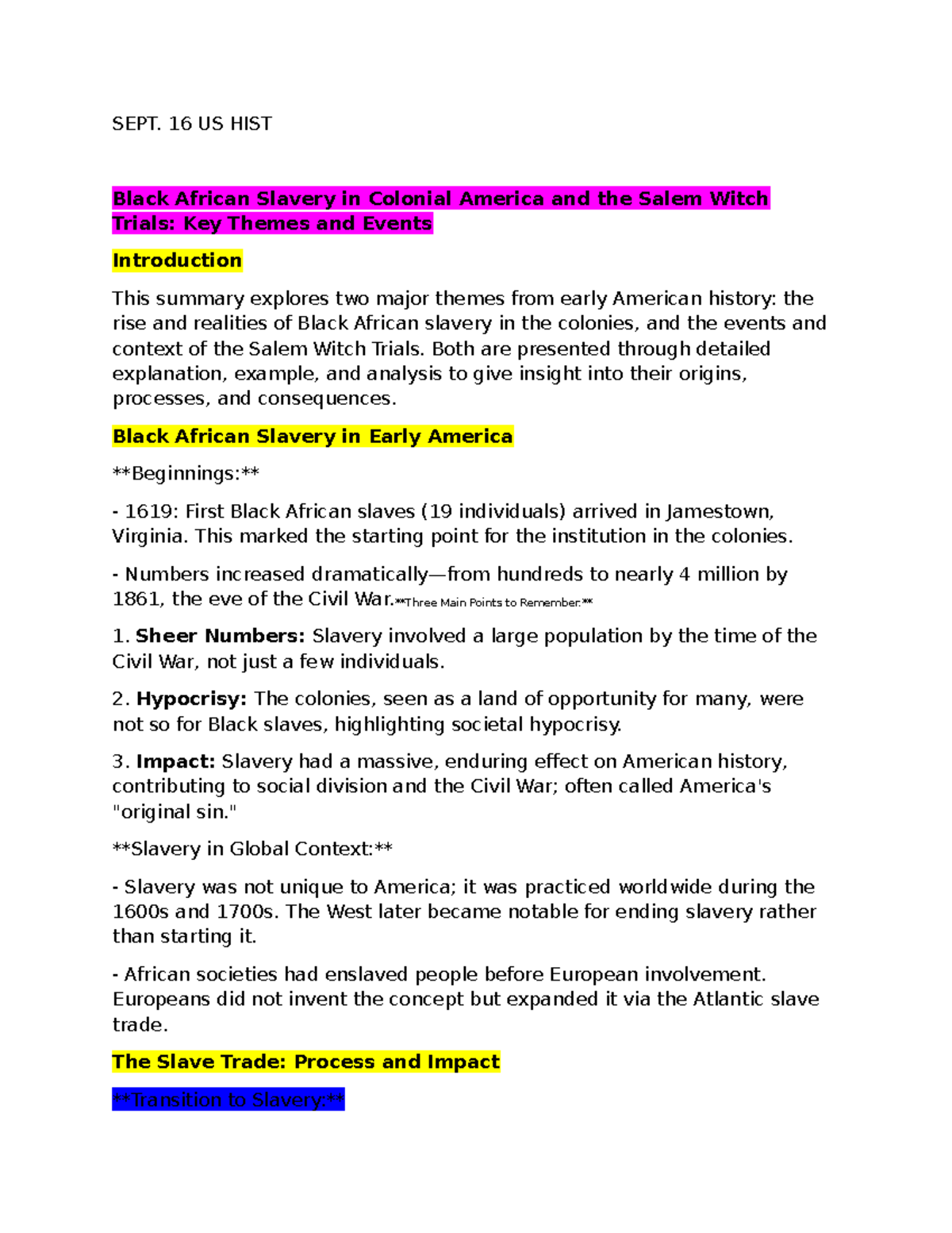 US HIST: Black African Slavery & Salem Witch Trials Insights - Studocu