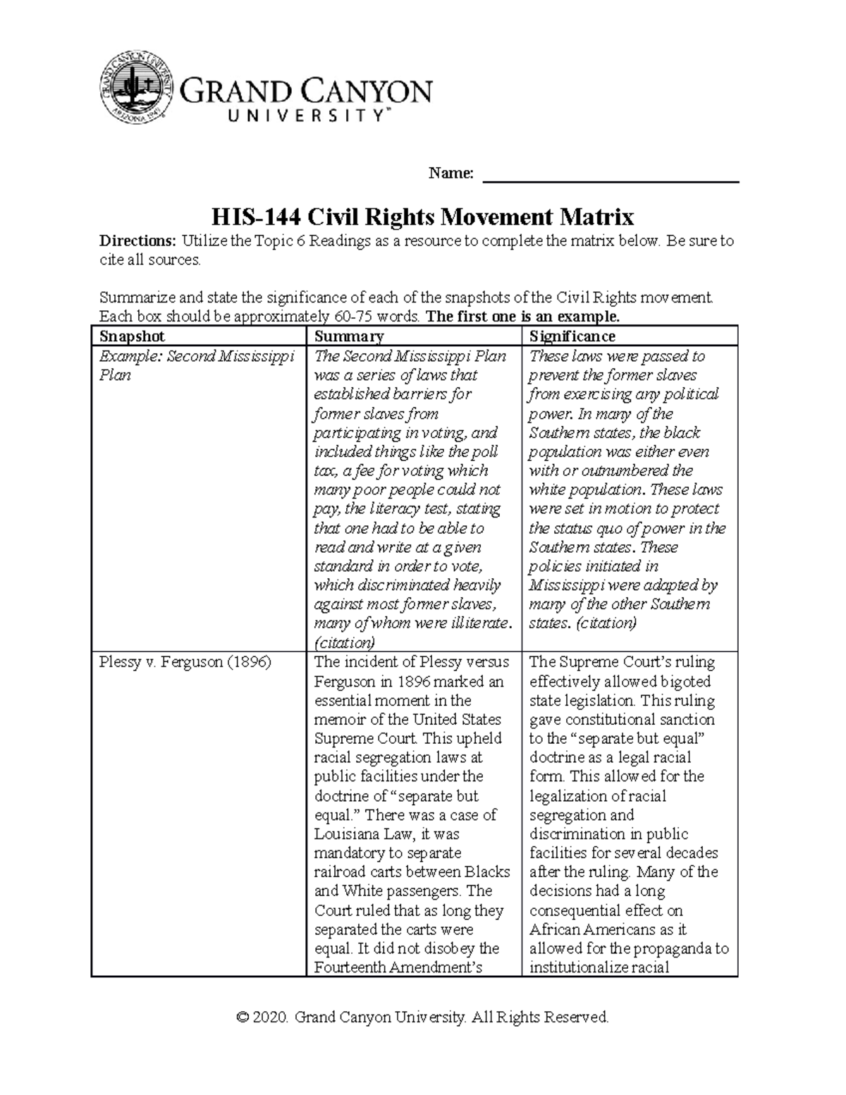 HIS-144-T6 Civil Rights Movement Matrix - Name: HIS-144 Civil Rights ...