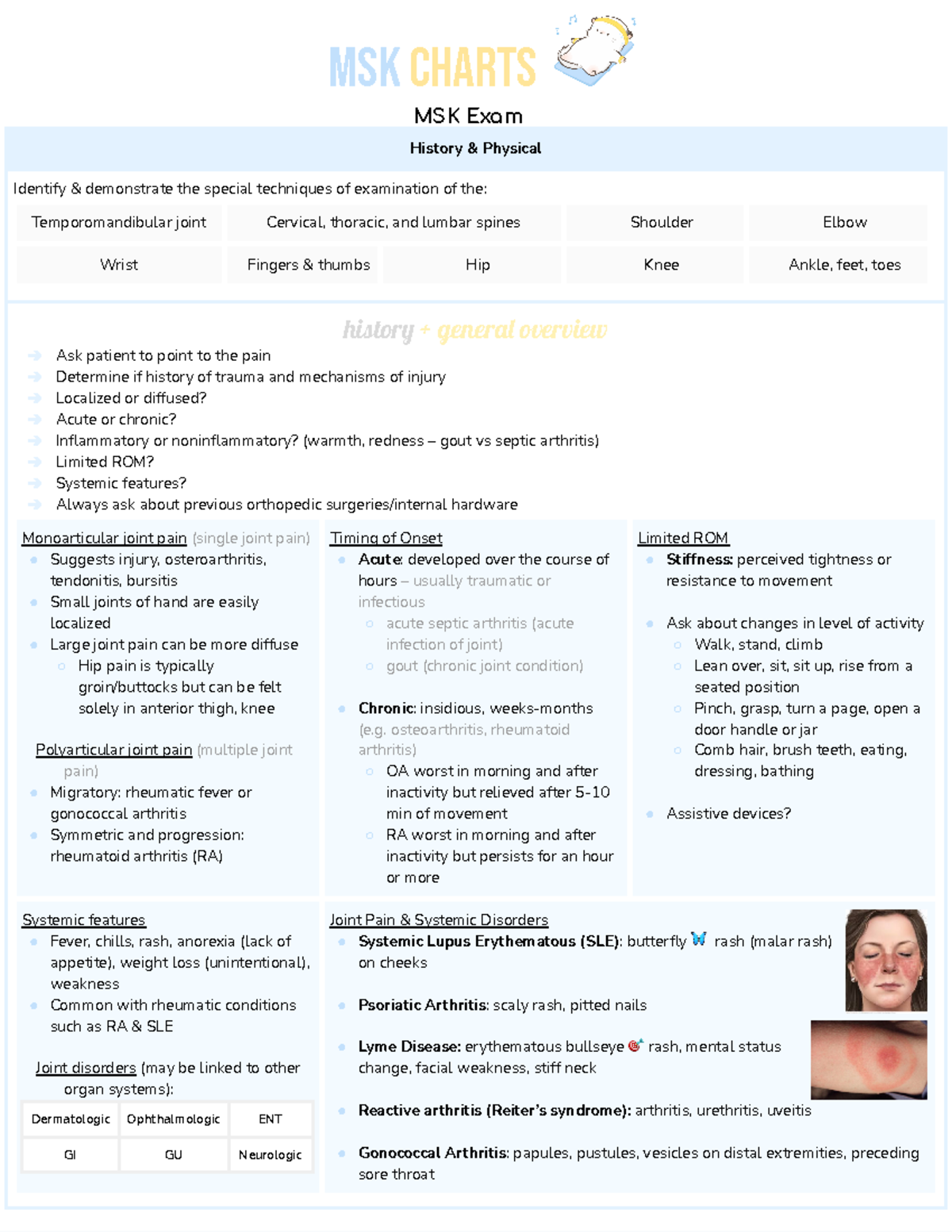 MSK Exam Charts for Special Techniques & Physical Assessment - Studocu