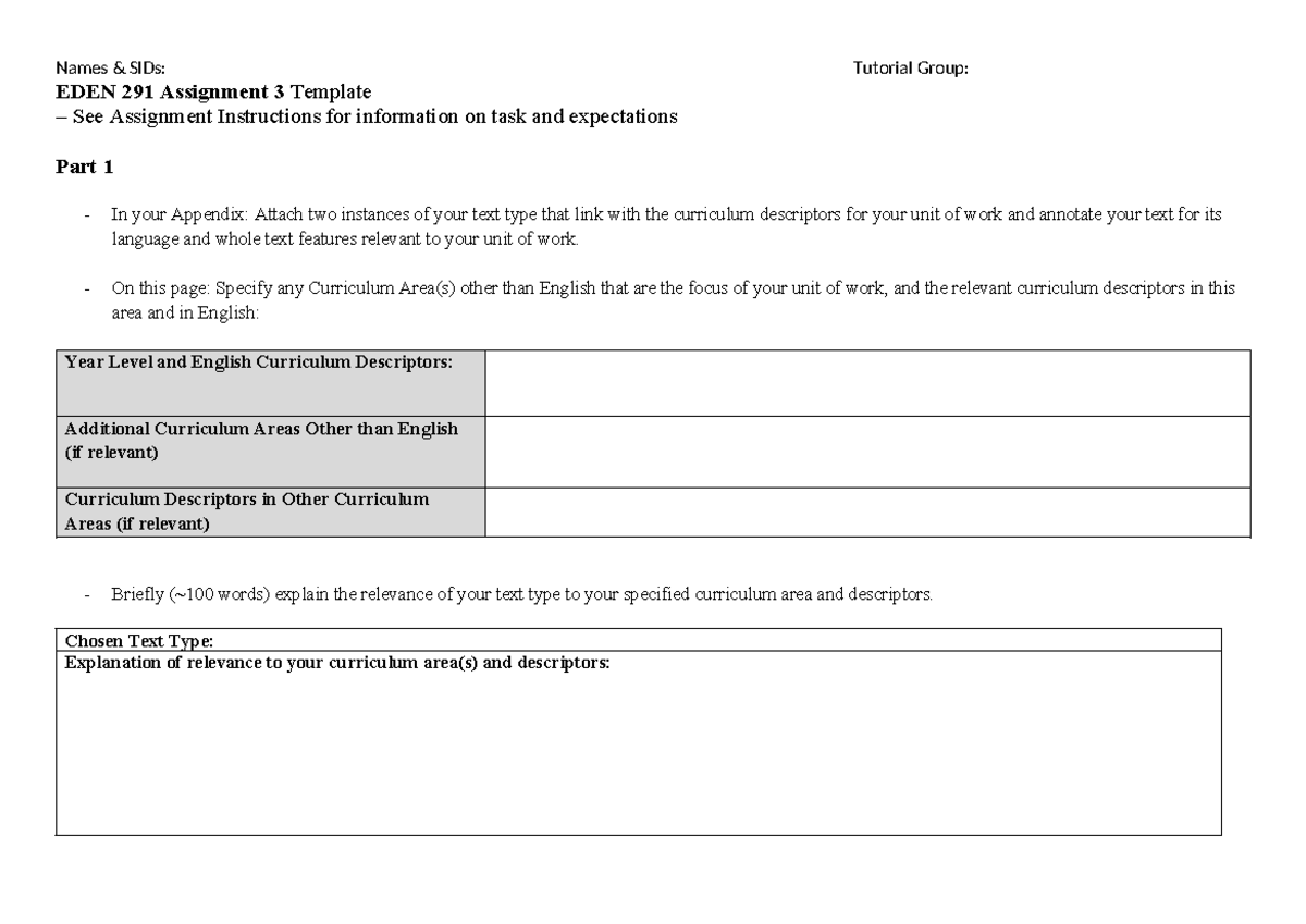 EDEN 291 Assignment 3 Template: Unit Planning and Assessment Guide ...