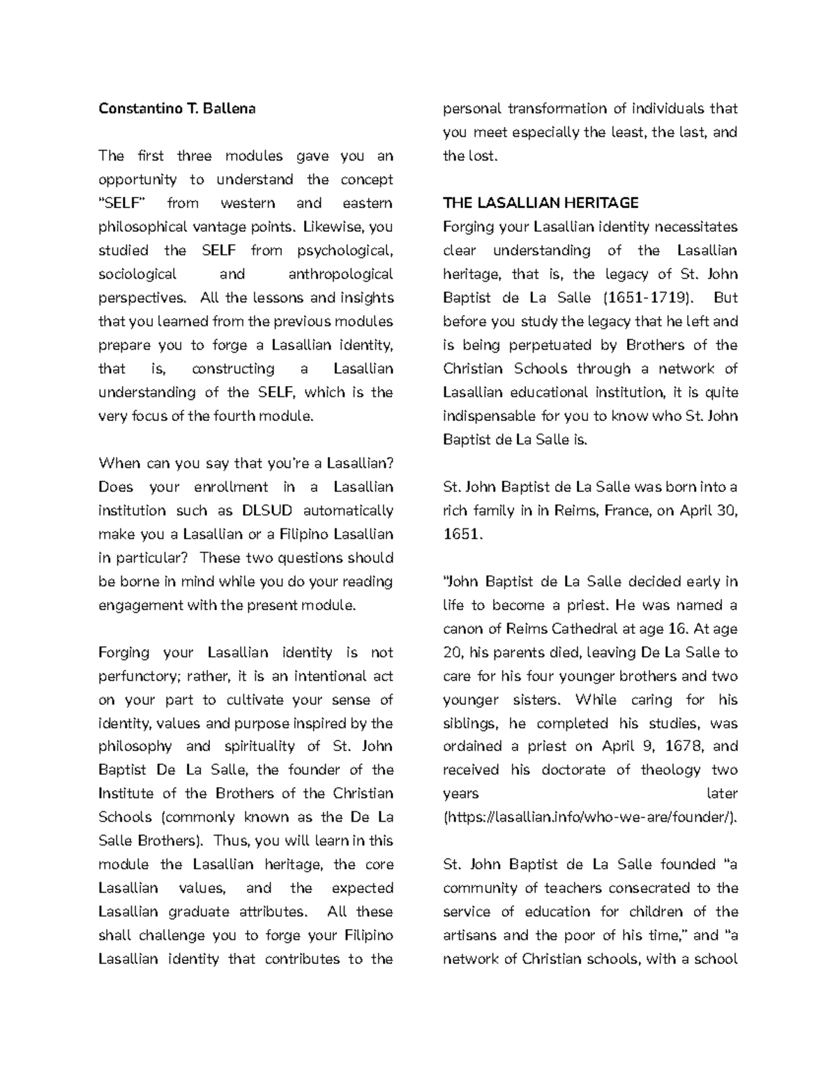 Module 4: Forging the Filipino Lasallian Identity and Values - Studocu