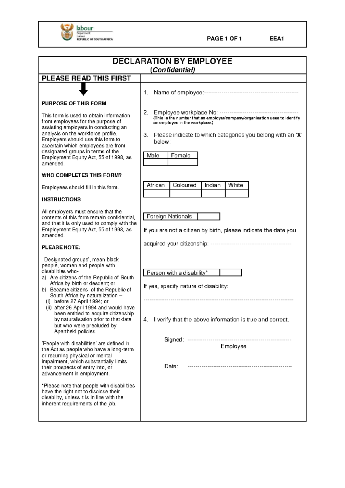 EEA1 Employee Declaration Form for Employment Equity Compliance - Studocu