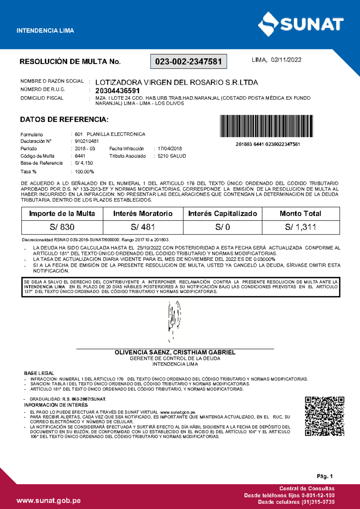 Modelo DE Resolucion DE Multa Sunat CASO Lovidero - Central de ...