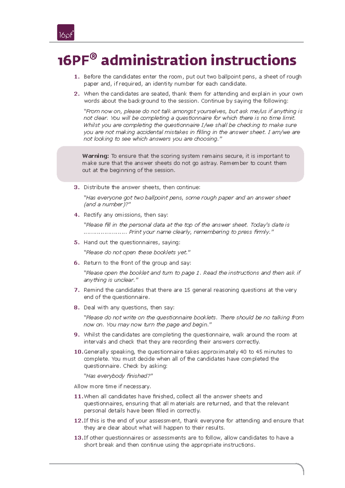 16PF Administration and Scoring Instructions Card - Studocu