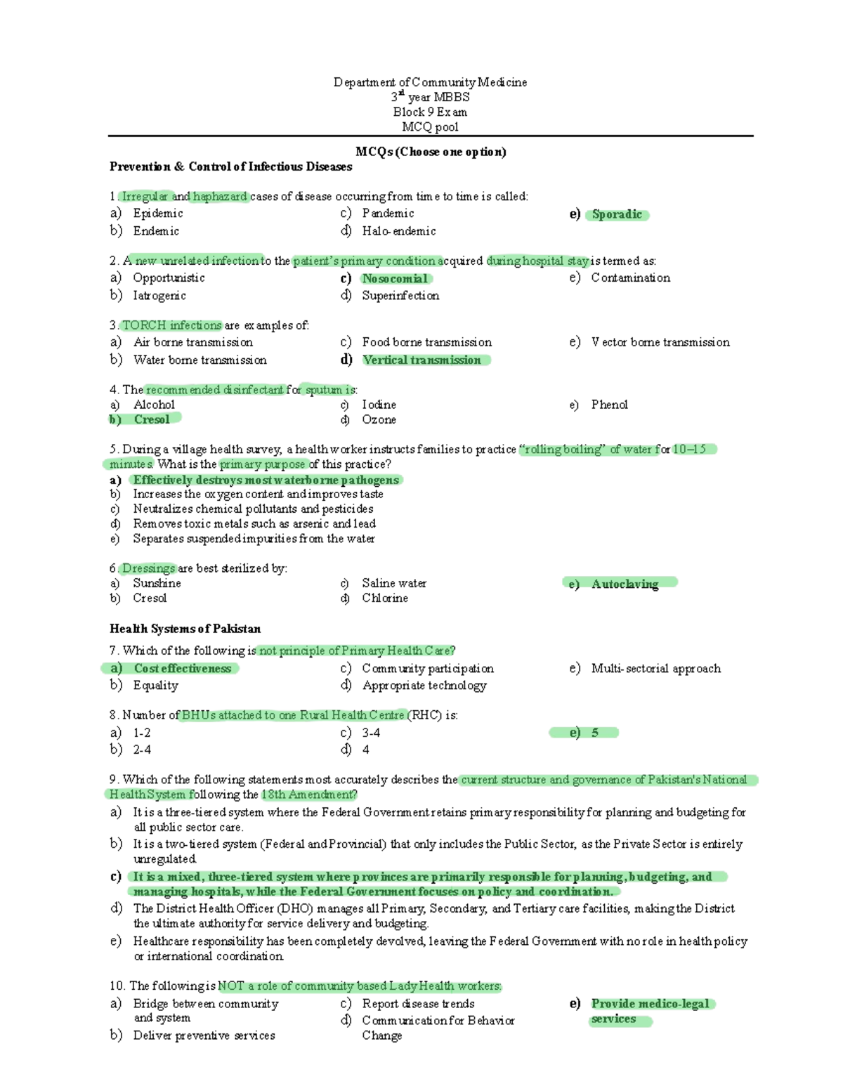 Community Medicine 3rd Year MBBS Block 9 Exam MCQ Pool on Infectious ...
