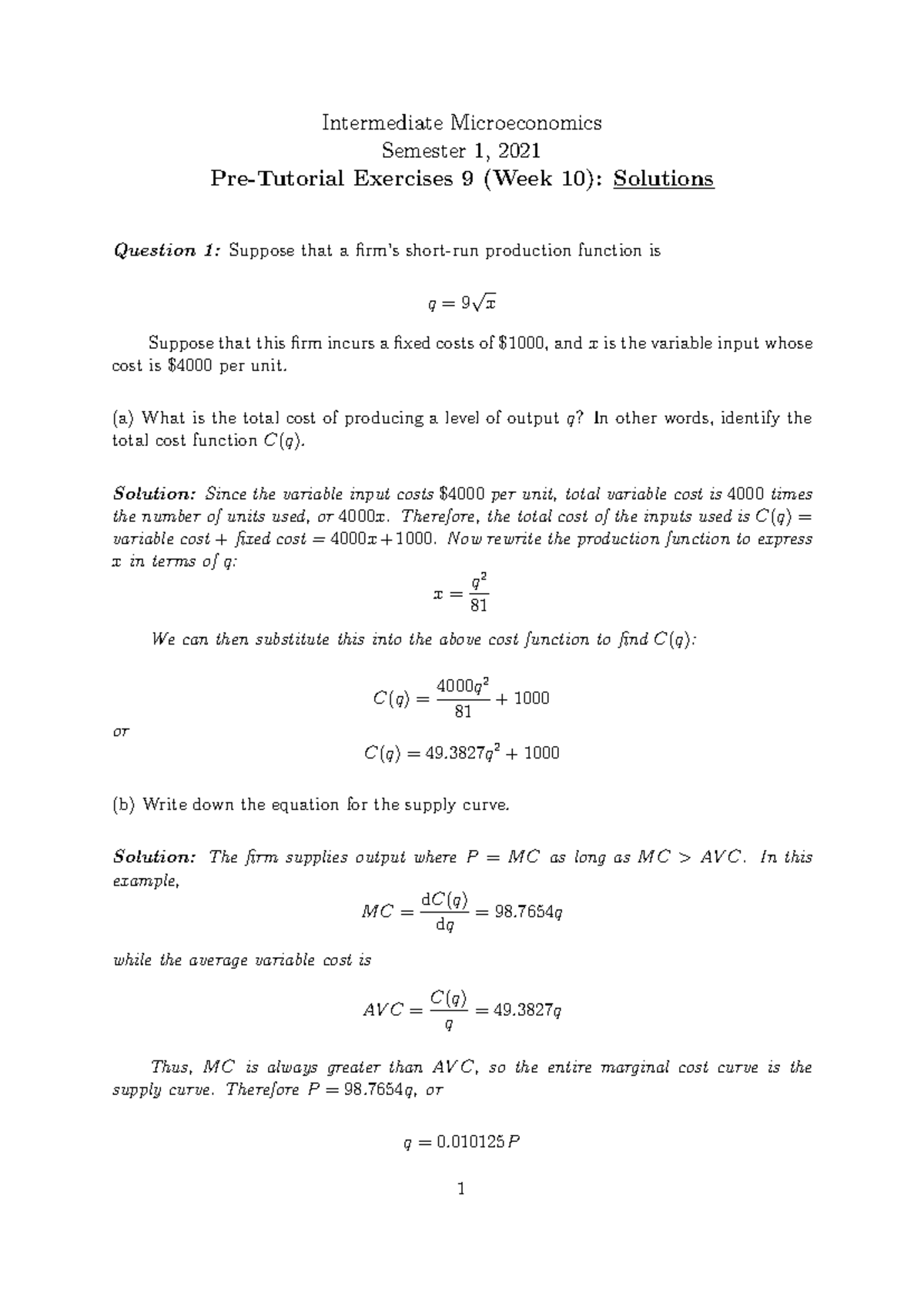 IM PRE T9 2021 Solutions - Intermediate Microeconomics Semester 1, 2021 ...