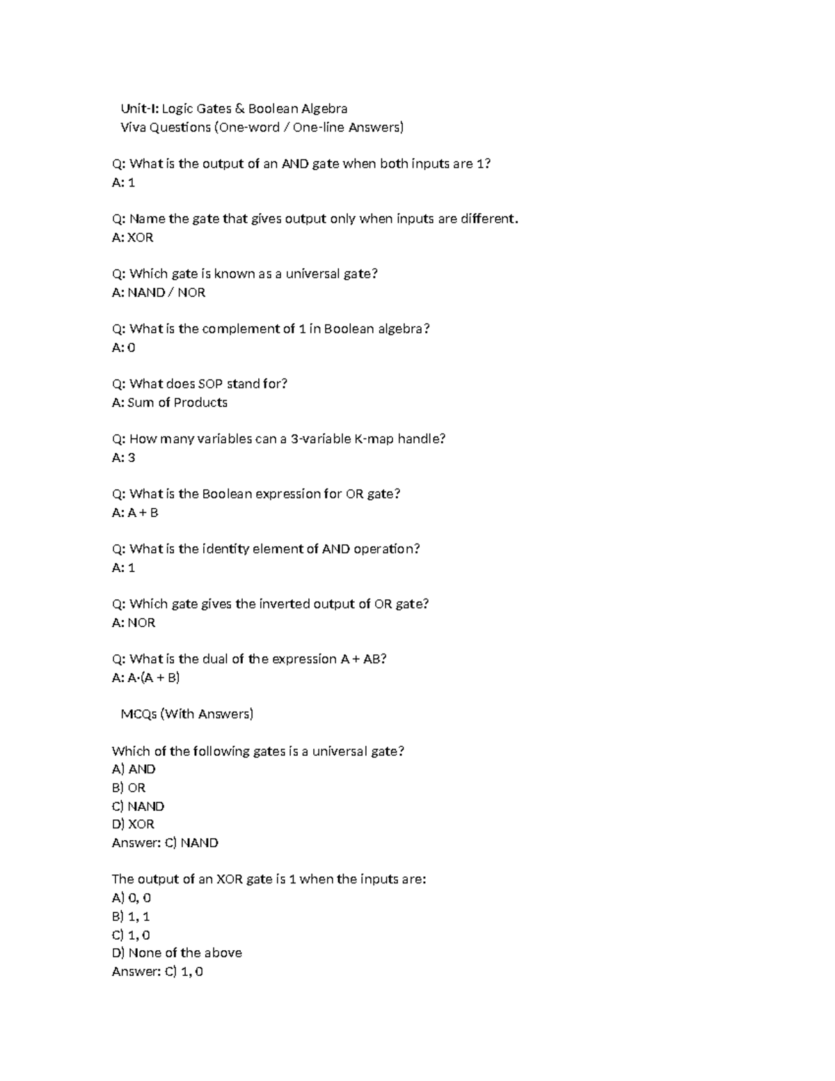 Logic Gates & Combinational Logic Circuits (Viva Q&A) - Studocu