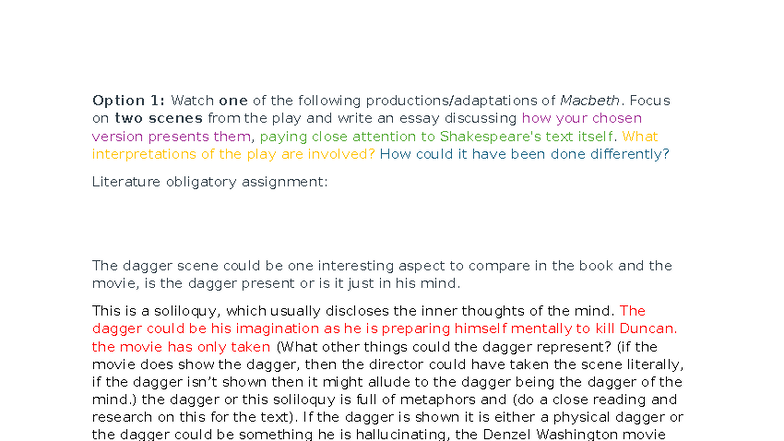Macbeth Analysis: Dagger Scene in Film vs. Text (Lit 101) - Studocu