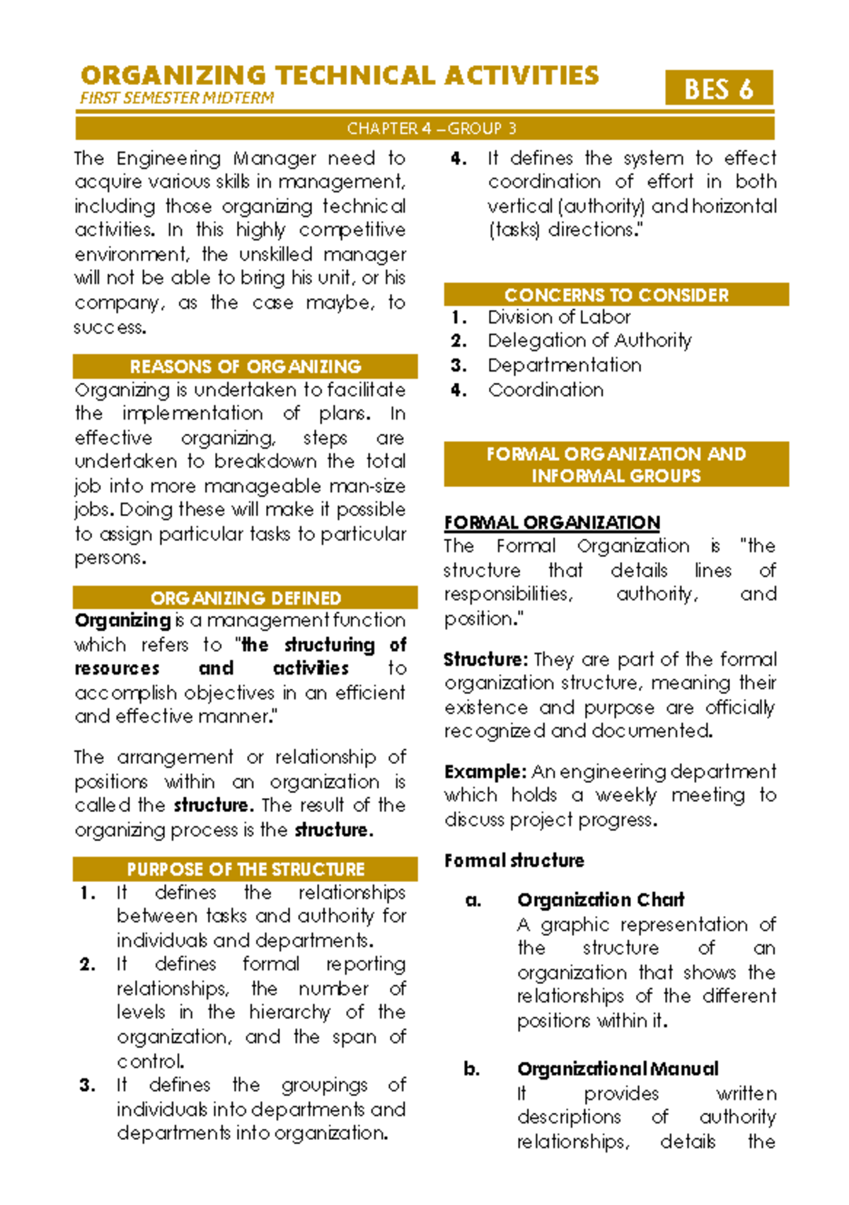 Organizing Technical Activities: Midterm Review for BES 6 - Studocu