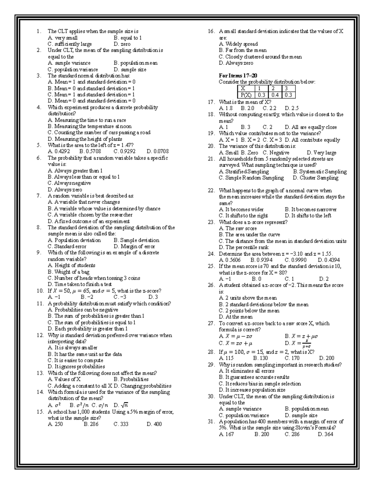 Statistics Periodical Reviewer: Central Limit Theorem & Sampling ...