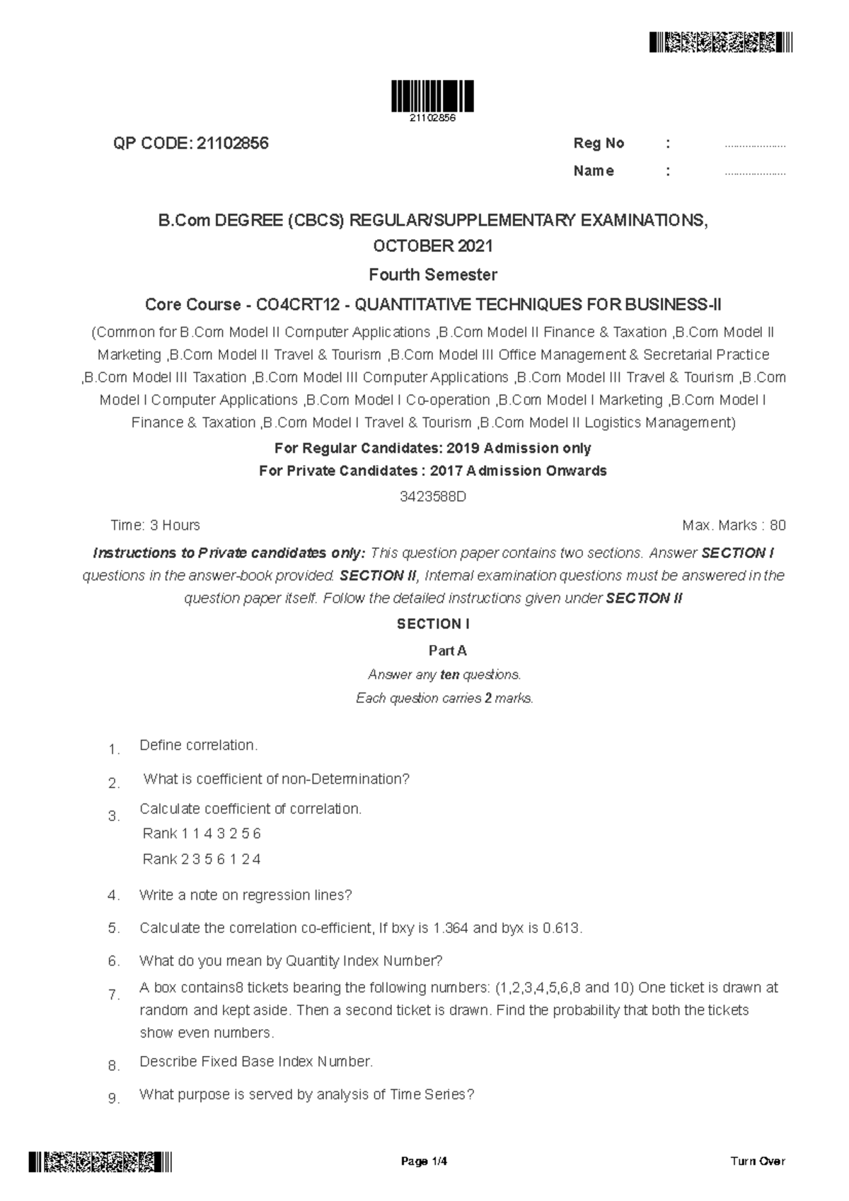 B.Com 21102856 Fourth Sem Core Course: Quantitative Techniques Exam ...