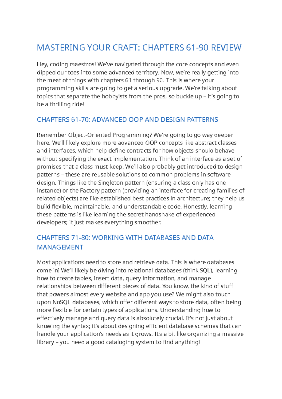 COMP 101: MASTERING YOUR CRAFT - CHAPTERS 61-90 REVIEW - Studocu