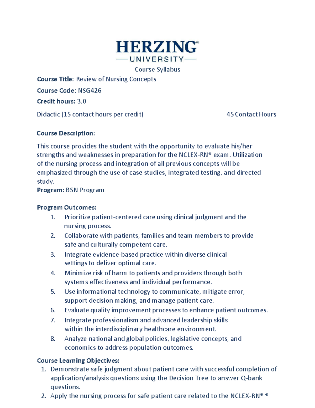 NSG426 Course Syllabus: Review of Integrated Nursing Concepts - Studocu