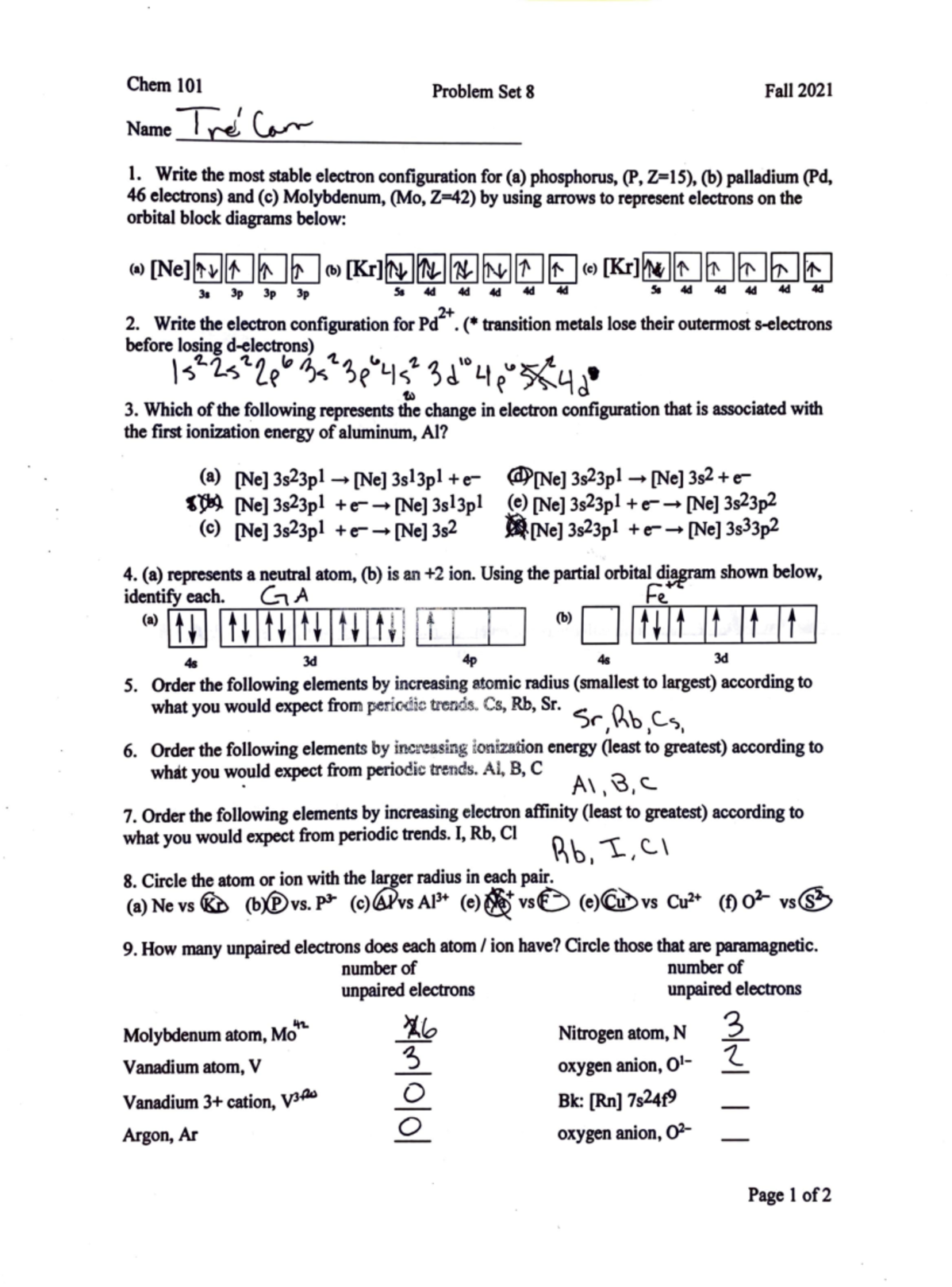 Chem 101 Problem Set 8: Electron Configurations and Periodic Trends ...