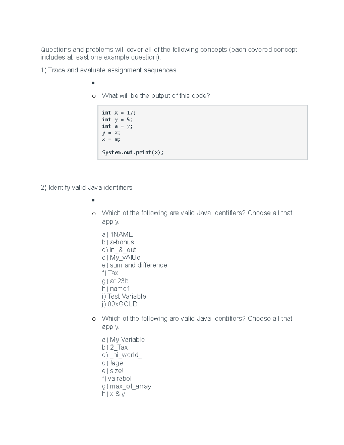 CS101: Final Exam Study Guide for Java Programming Concepts - Studocu