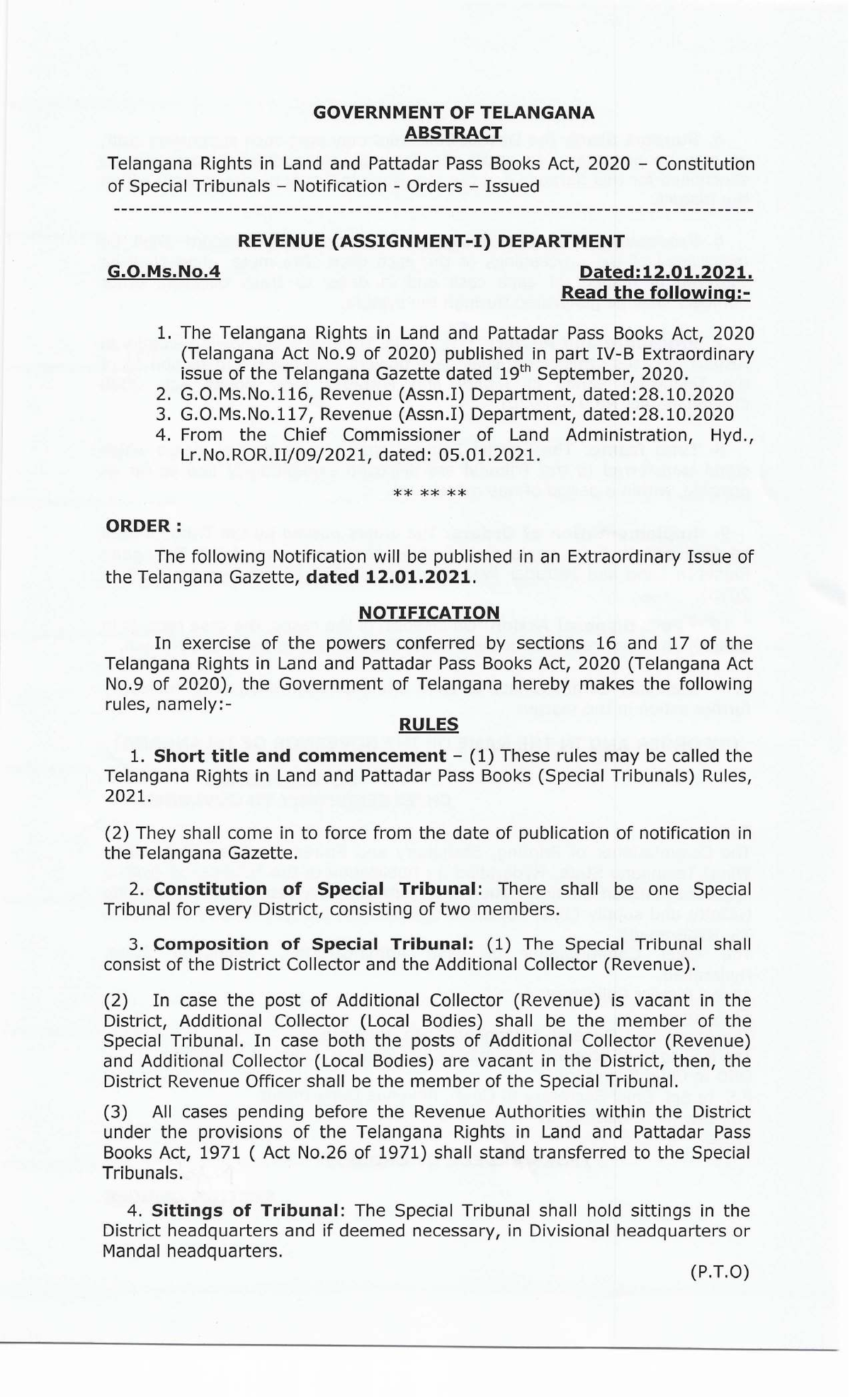Telangana Land Rights & Special Tribunals G.O.Ms.No.4 - 2021 - Studocu